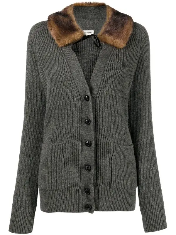 Saint Laurent Shearling-trim Ribbed Knit Coat
