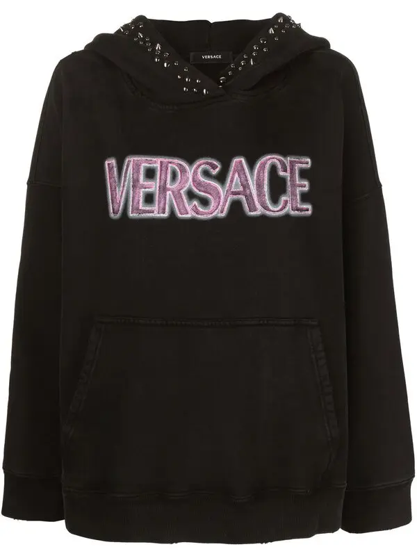Versace Logo-print Studded Hoodie - Black