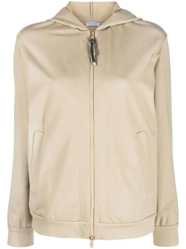 Brunello Cucinelli Zipped Hoodie With Monili Chain Detail - Neutrals