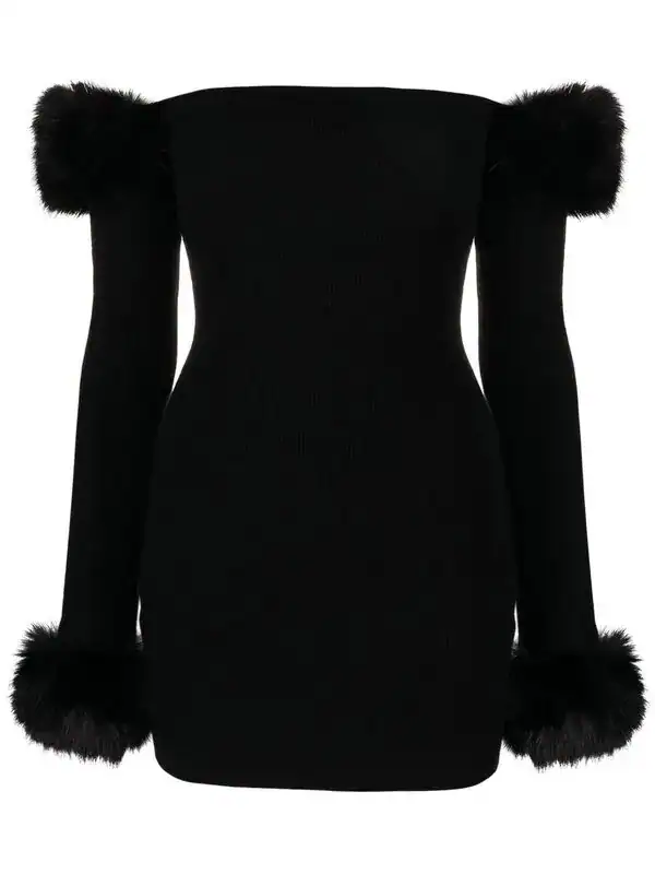 Guizio Faux-Fur Trim Off-Shouder Dress In Black - 50% Off | Editorialist