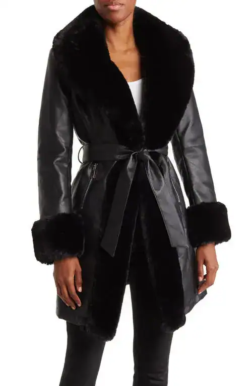 Azalea Wang Faux Leather Faux Fur Belted Short Trench Coat In