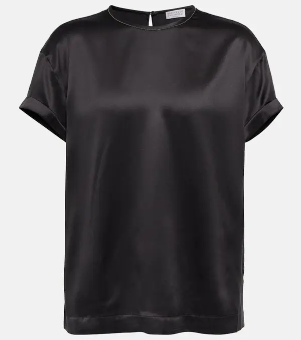Brunello Cucinelli Embellished Silk-blend T-shirt - Black