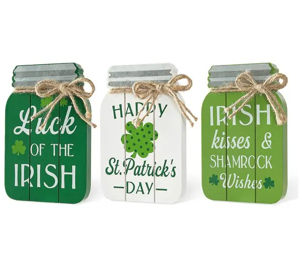 GLITZHOME 7' St. Patrick's Wooden Mason Jar Tab Le Decor S/3