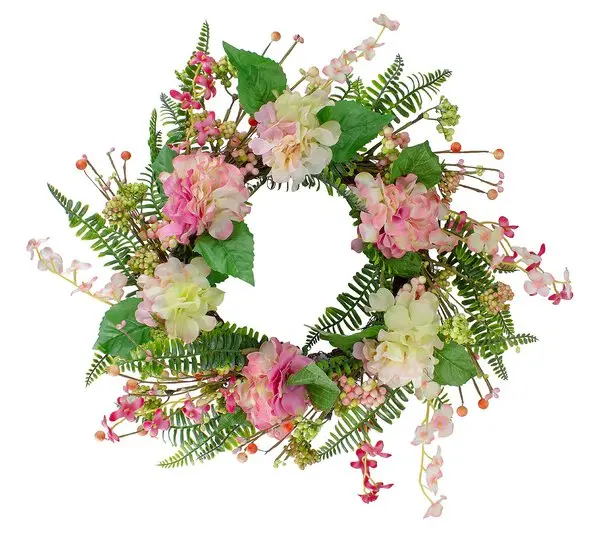 NORTHLIGHT Hydrangea Berry & Fern Spring Floral Wreath 20 - One-color