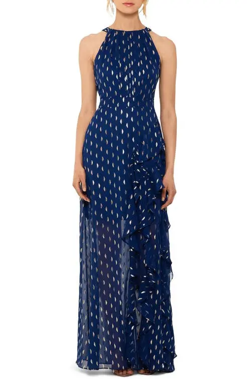 Betsy & Adam Metallic Clip Dot Ruffle Halter Neck Chiffon Gown