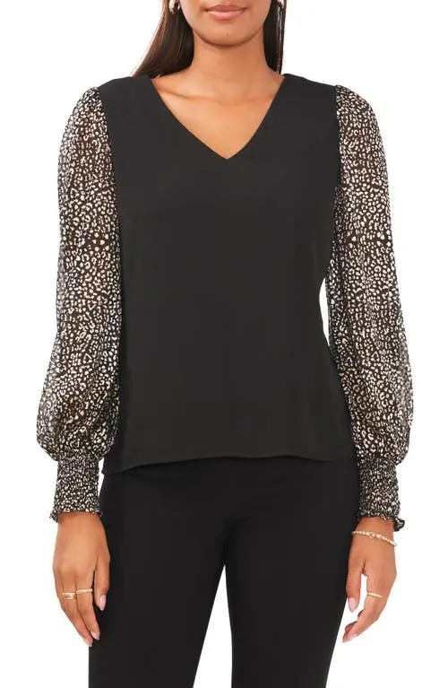Chaus V-neck Smocked Cuff Blouse - Black/gold