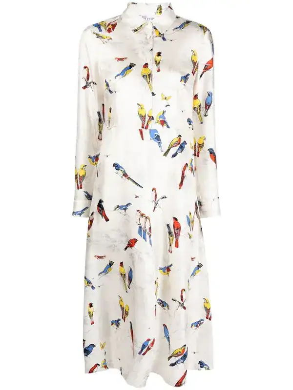 Red Valentino Silk Bird-Print Shirt Dress In Neutrals 45% Off