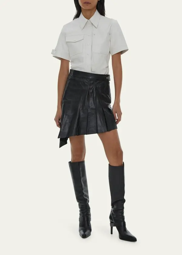 Helmut Lang Pleated Leather Mini Skirt - Black | Editorialist