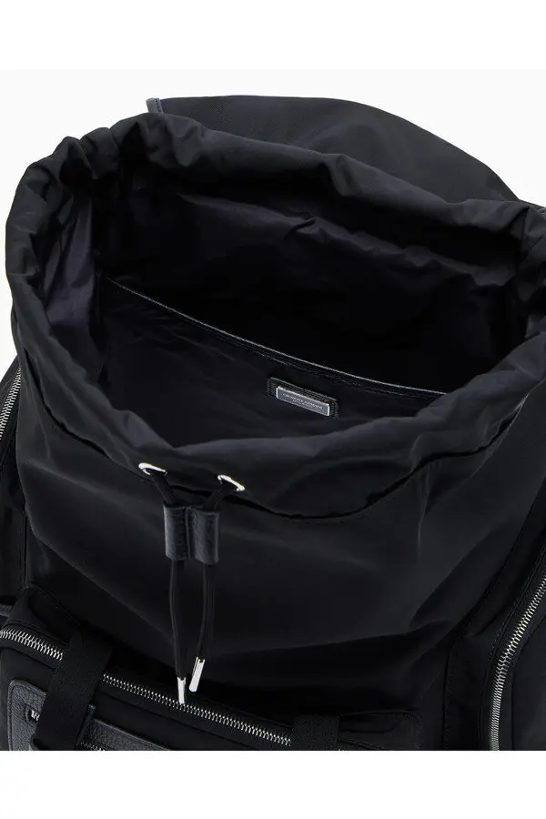Giorgio Armani Recycled Nylon And Pebbled Leather Backpack - Black