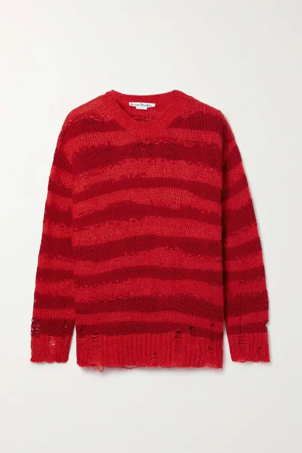 Acne Studios Distressed Striped Knitted Sweater - Red