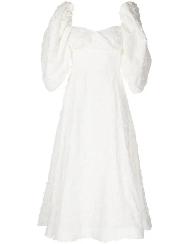 ANOUKI Puff-sleeve Floral-embroidered Midi Dress