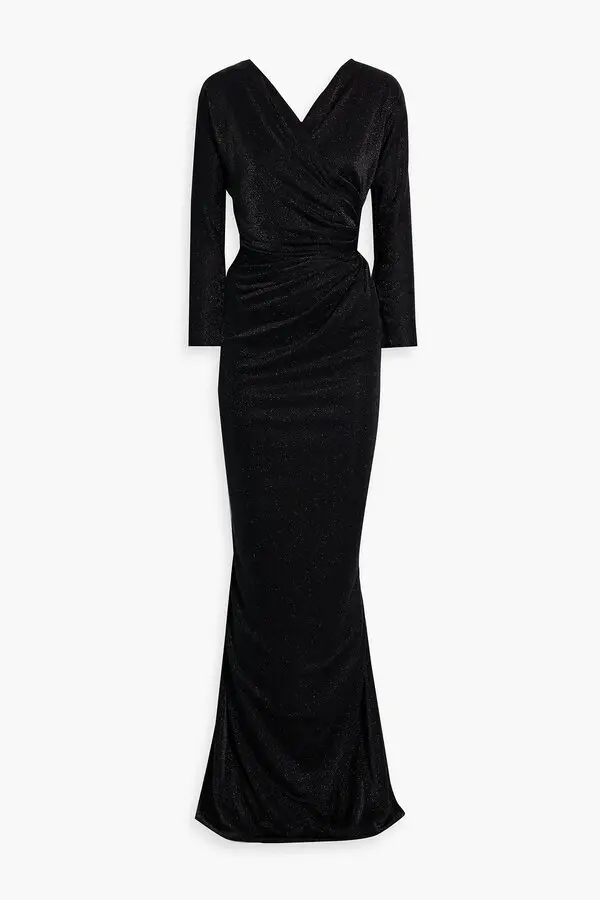 RHEA COSTA Wrap-effect Glittered Jersey Gown - Black