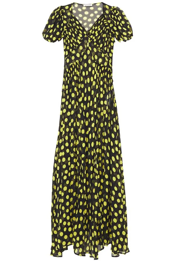 Attico Shirred Polkadot Silk-chiffon Maxi Dress