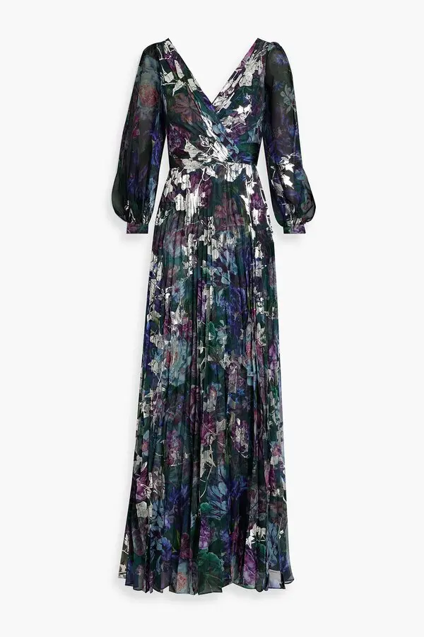 Marchesa Cutout Metallic Floral-print Gown - Emerald