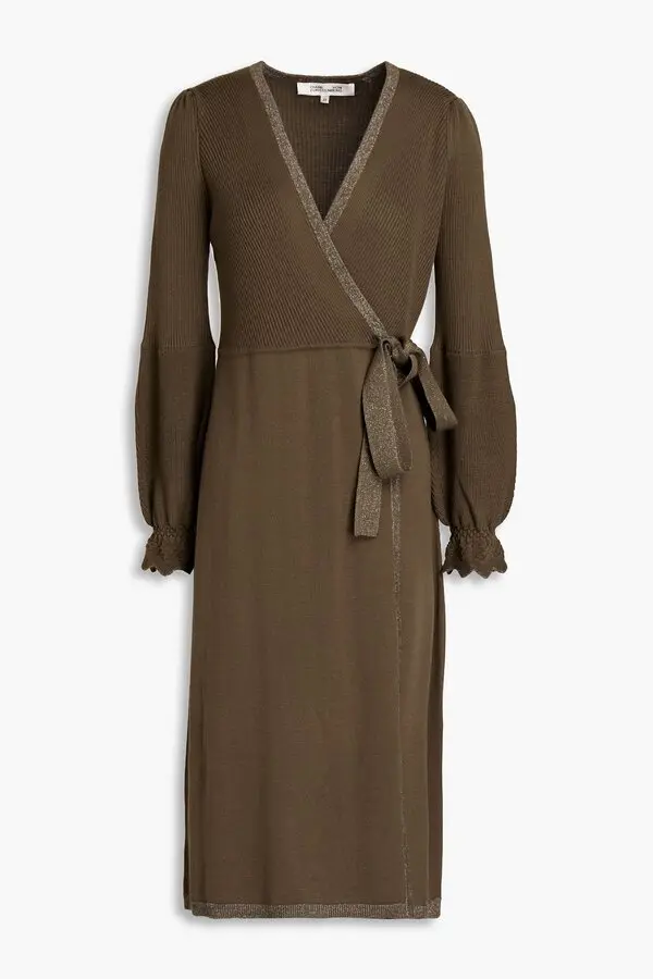 Diane Von Furstenberg Pola Ribbed-Knit Midi Wrap Dress Blue In Army Green -  80% Off | Editorialist