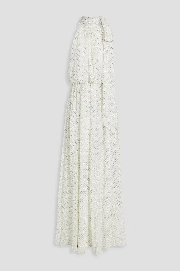 Halston Cecilia Tieneck Polka-dot Chiffon Maxi Dress