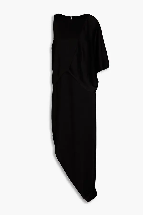 Halston Asymmetric Draped Satin Midi Dress - Black