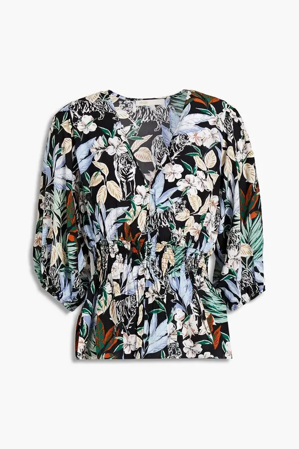 Maje Floral Shirred Crepe De Chine Blouse