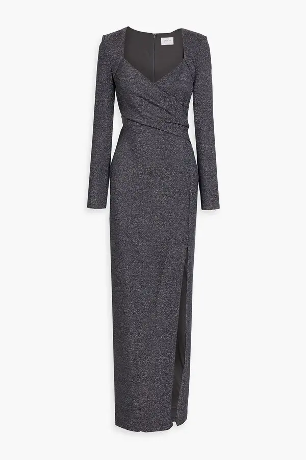 One33 Social Wrap-effect Metallic Jersey Gown