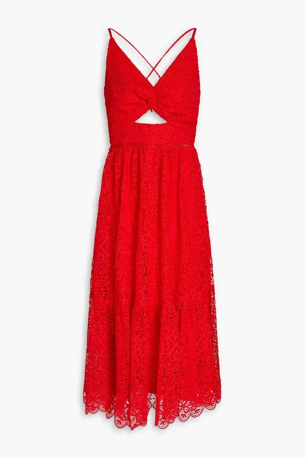 Monique Lhuillier Twist-front Guipure Lace Midi Dress