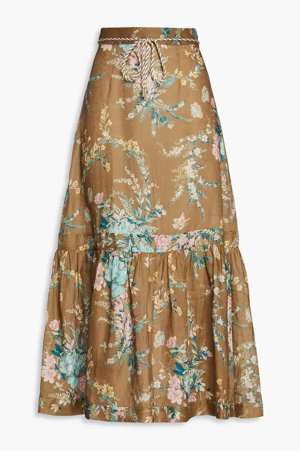 Zimmermann Gathered Printed Linen Midi Skirt