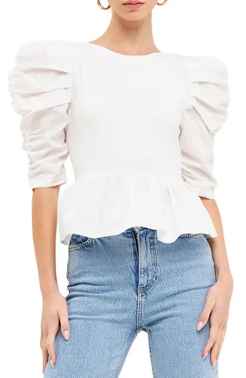 English Factory Pleated Puff Sleeve Peplum Blouse