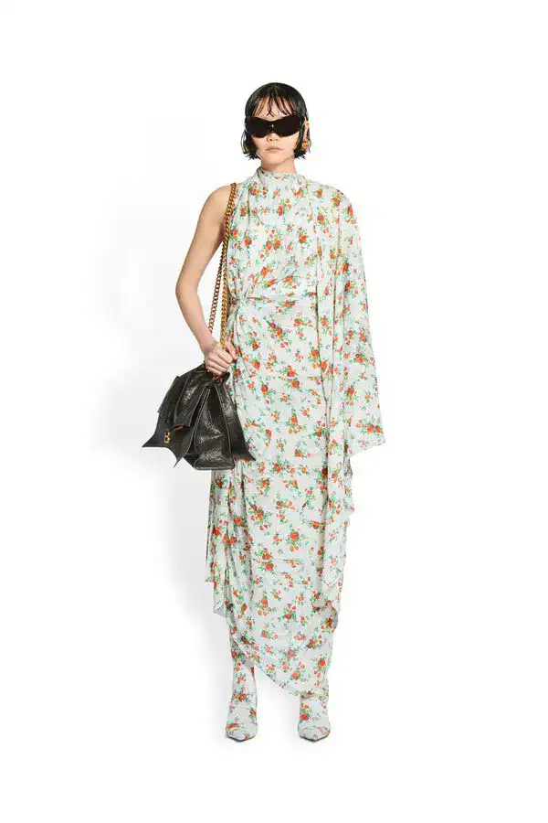 Balenciaga Paper Crush Floral Asymmetric Pleated Dress - White |  Editorialist