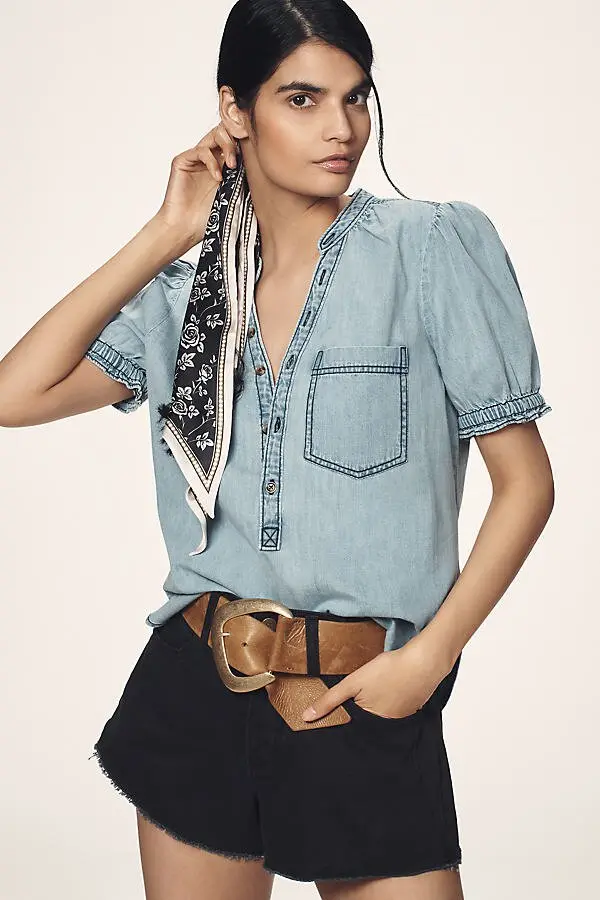 PILCRO Aly Denim Puff-sleeve Blouse - Light Denim