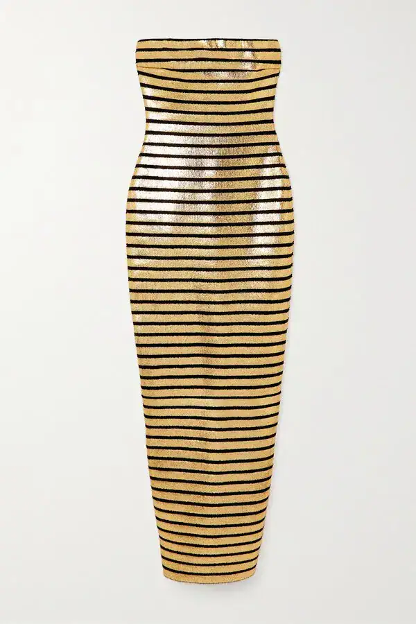 Balmain Strapless Metallic Striped Knitted Gown In Gold - 45% Off |  Editorialist