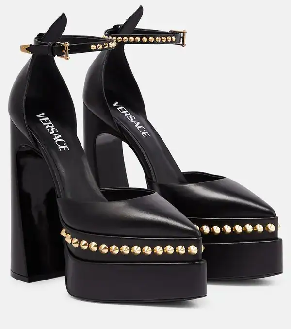 Versace Aevitas Pointy Stud Leather Platform Pumps In Black 50