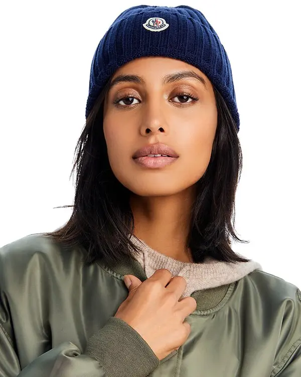Moncler Logo Rib Knit Wool Hat - Navy
