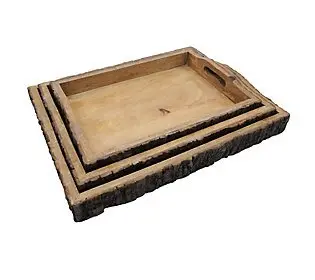 VALERIE PARR HILL Set Of 3 Wood Bark Serving Trays Valerie