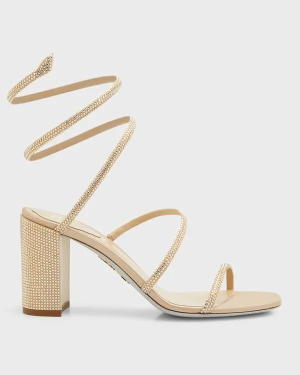 Rene Caovilla Snake Ankle-wrap Block-heel Sandals - Beige | Editorialist