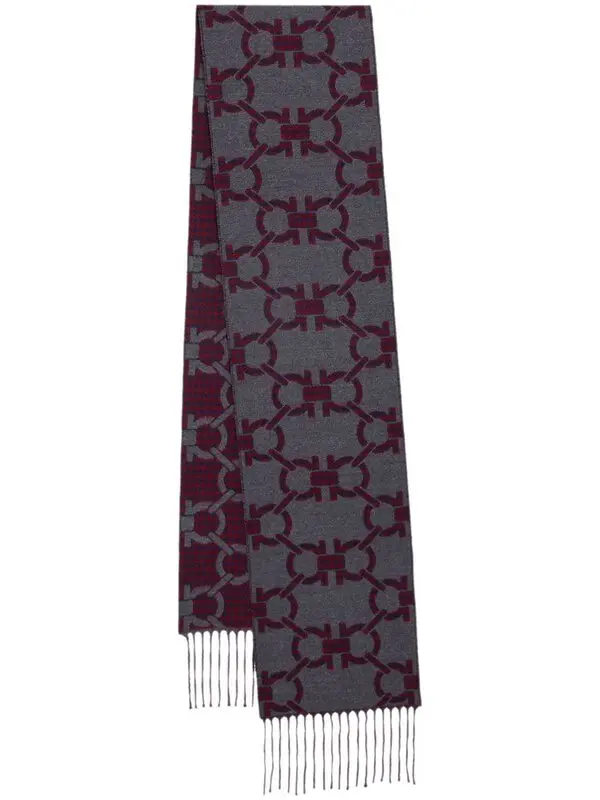 FERRAGAMO Gancini Print Frindged Scarf - Blue