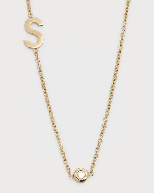 ZOE LEV 14k Asymmetrical Initial And Bezel Diamond Necklace