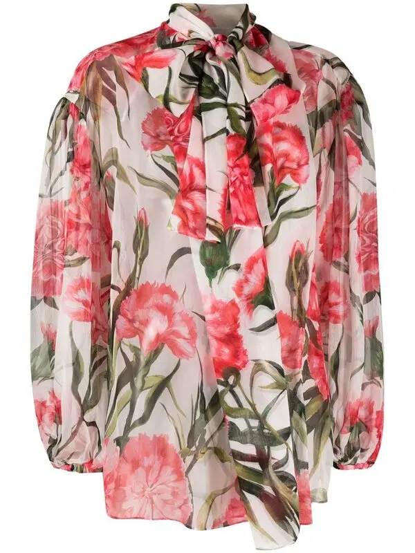 Dolce & Gabbana Carnation-print Tie-neck Silk Blouse - White