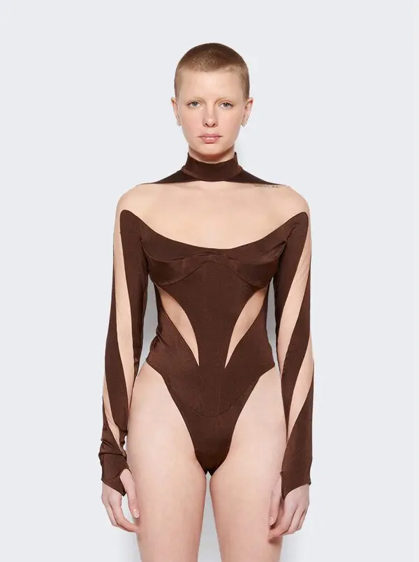MUGLER Sheer Panel Bodysuit - Chocolate And Nude 01