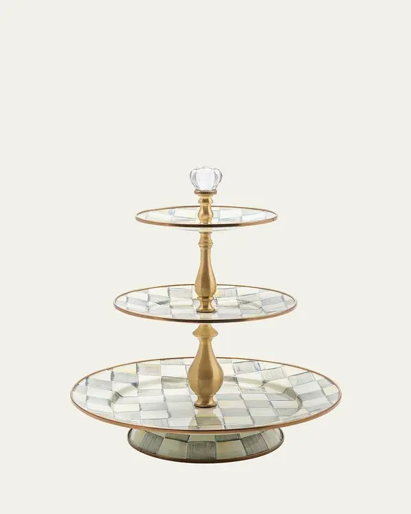 MACKENZIE-CHILDS Sterling Check Enamel Three Tier Sweet Stand - One-color
