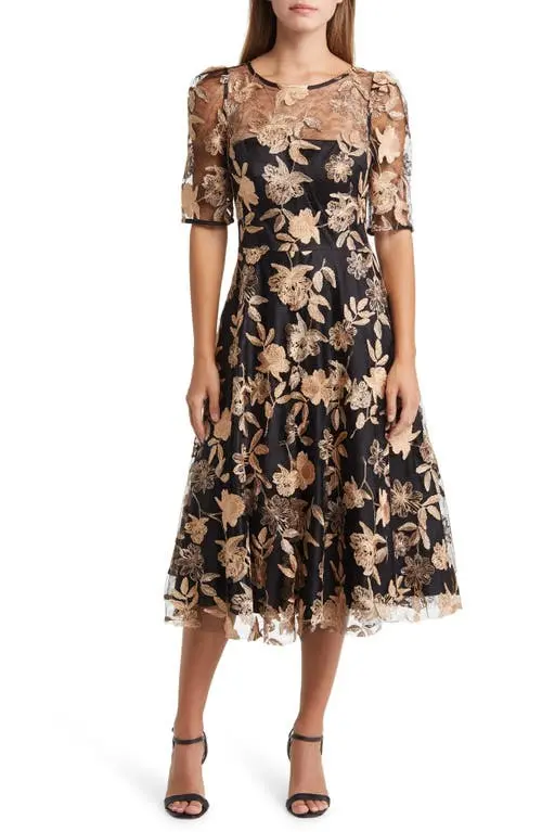 Eliza J Floral Embroidered Midi Cocktail Dress In Black Carame - 40% Off |  Editorialist