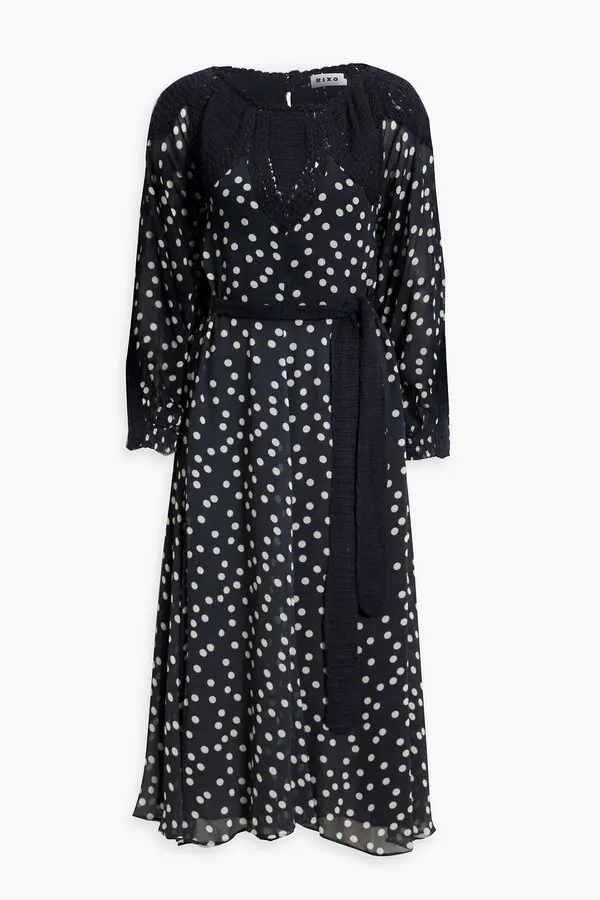 Silk Crepe Rixo Adriana Dress Rixo Irene Crochet-Paneled Polka-Dot