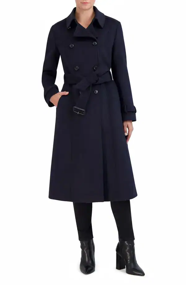 Cole Haan Slick Belted Double Breasted Trench Coat In Midnight