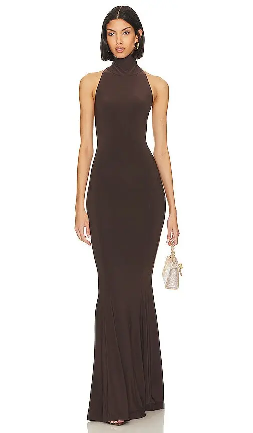 Norma Kamali Halter Turtle Fishtail Gown - Chocolate