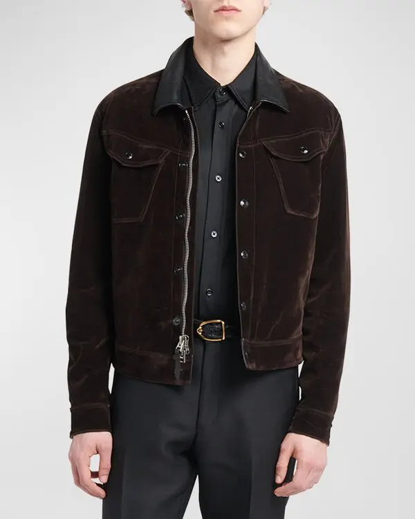 TOM FORD Flocked Denim Western Jacket With Leather Collar - Military G ...