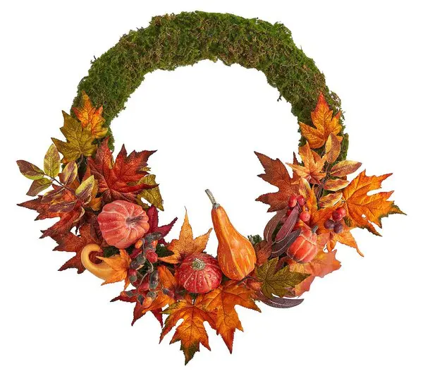 NEARLY NATURAL 20' Autumn Pumpkin, Gourd And Fa Ll Leaf Wreath