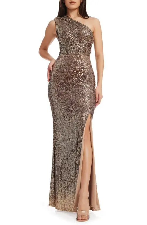 Dress The Population Sariah Sequin One-shoulder Gown - Bronze Multi