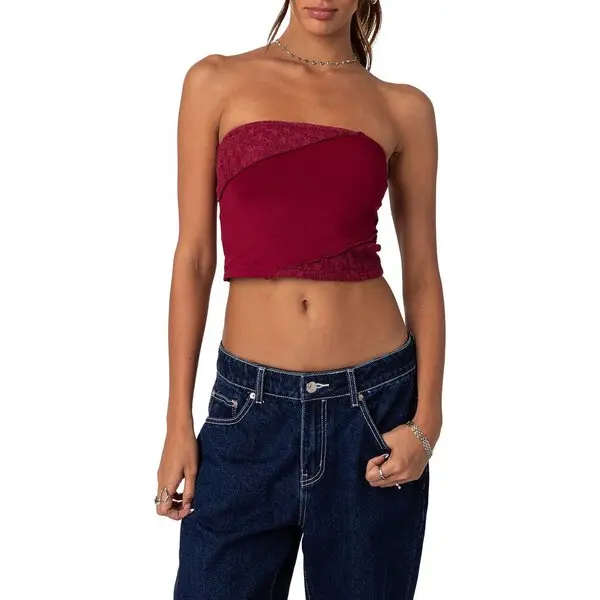 EDIKTED Lace Patchwork Crop Tube Top - Burgundy