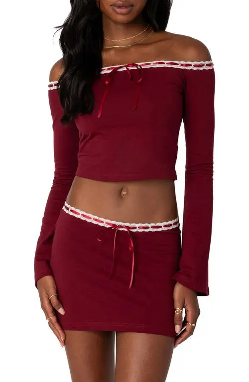 EDIKTED Seline Ribbon Trim Crop Top - Burgundy