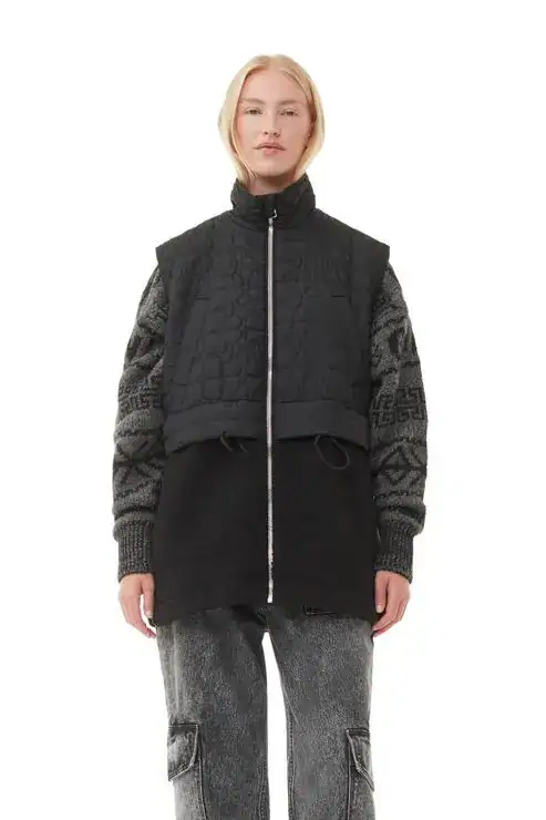 Ganni Ripstop Quilt Fleece Vest In Black 50% Off Editorialist