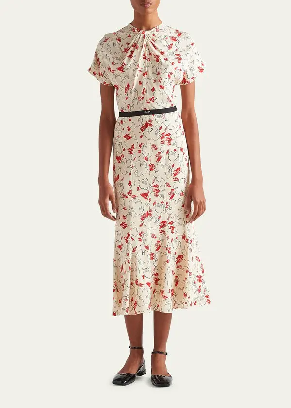 Prada Floral-print Gathered Midi Dress - F0b67 Naturale Ro | Editorialist