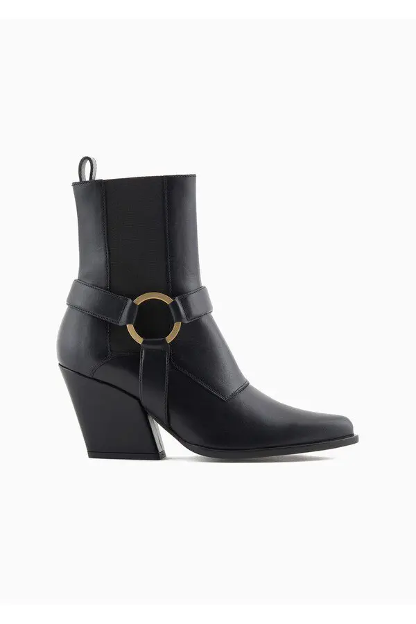 Emporio Armani Leather Cowboy Boots With Ring Detail In Black - 40 